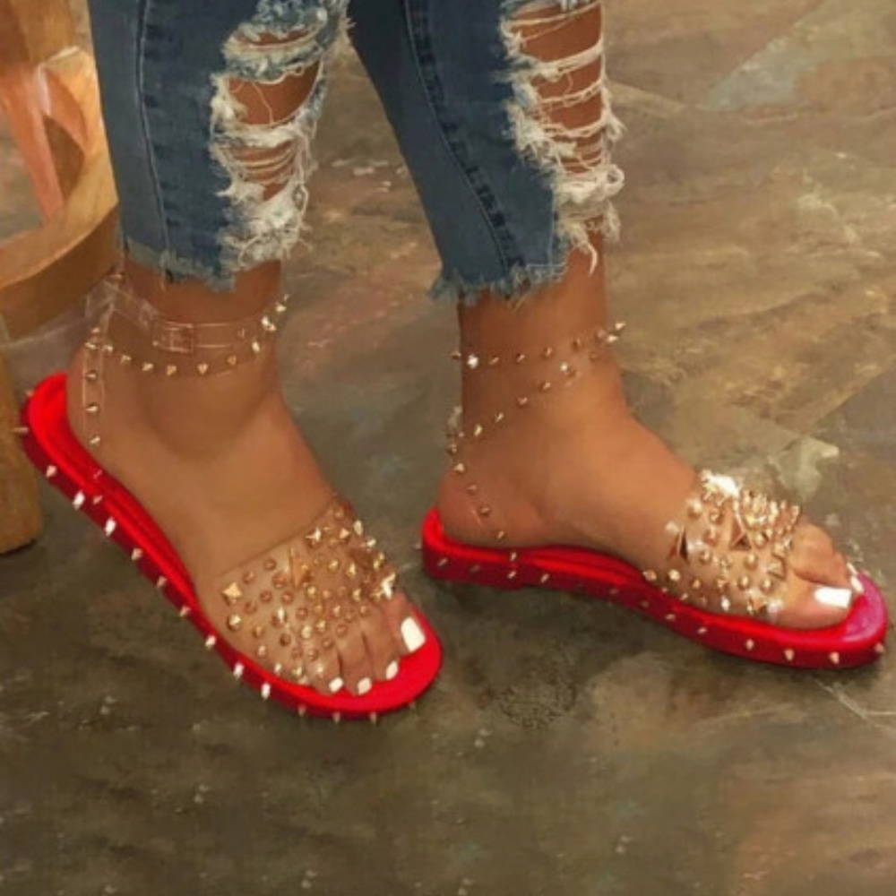 Red Sandals With Gold Spikes - Gem